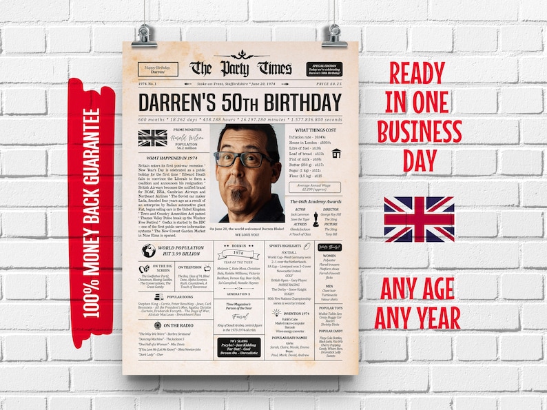 UK 50th Birthday Newspaper Poster Back in 1974 United Kingdom 50 Years Ago Back in 1974 Poster ...