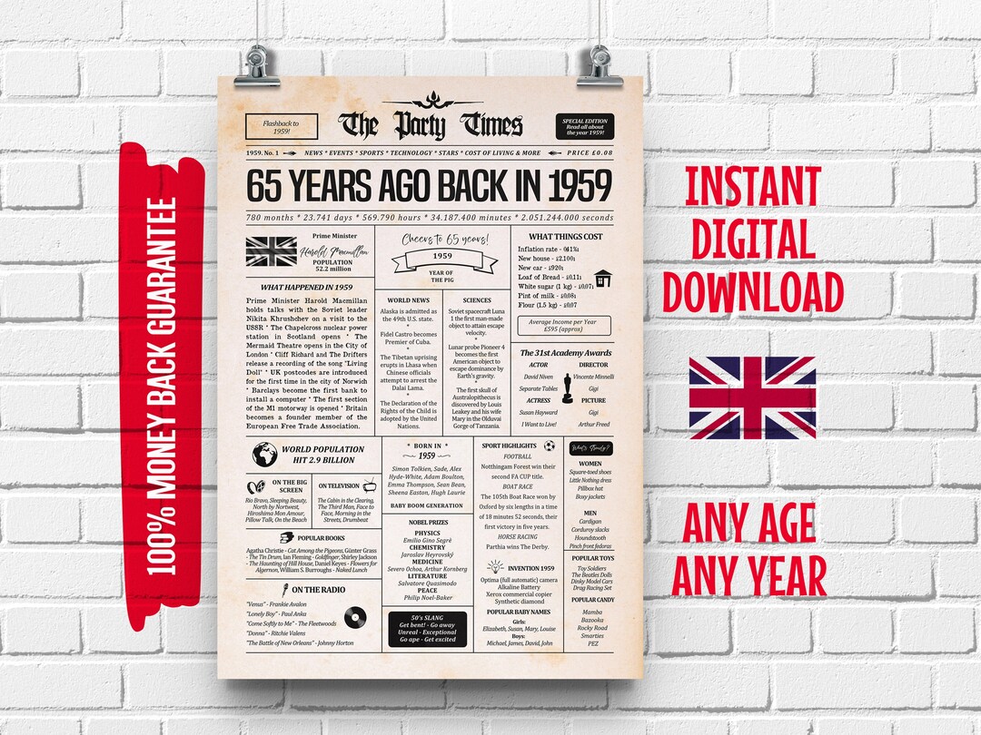 UK 65th Birthday Newspaper Poster Back in 1959 United Kingdom 65 Years ...