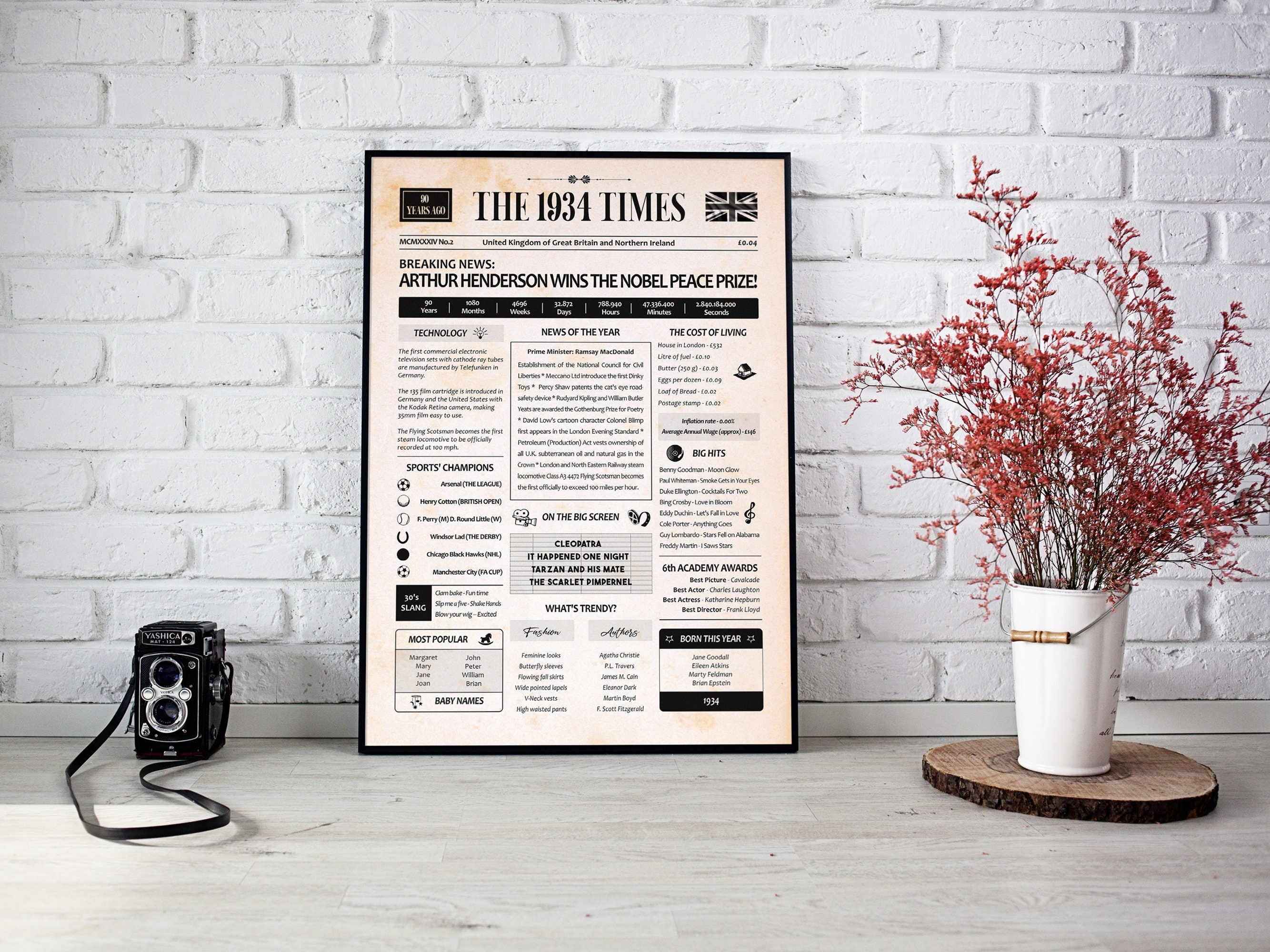 UK 90th Birthday Newspaper Poster Back in 1934 United Kingdom 90 Years ...