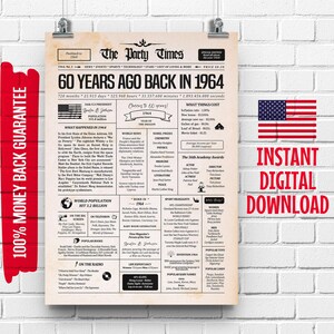 1964 60th Birthday Newspaper Sign 60th Birthday Gift for Men or Women ...