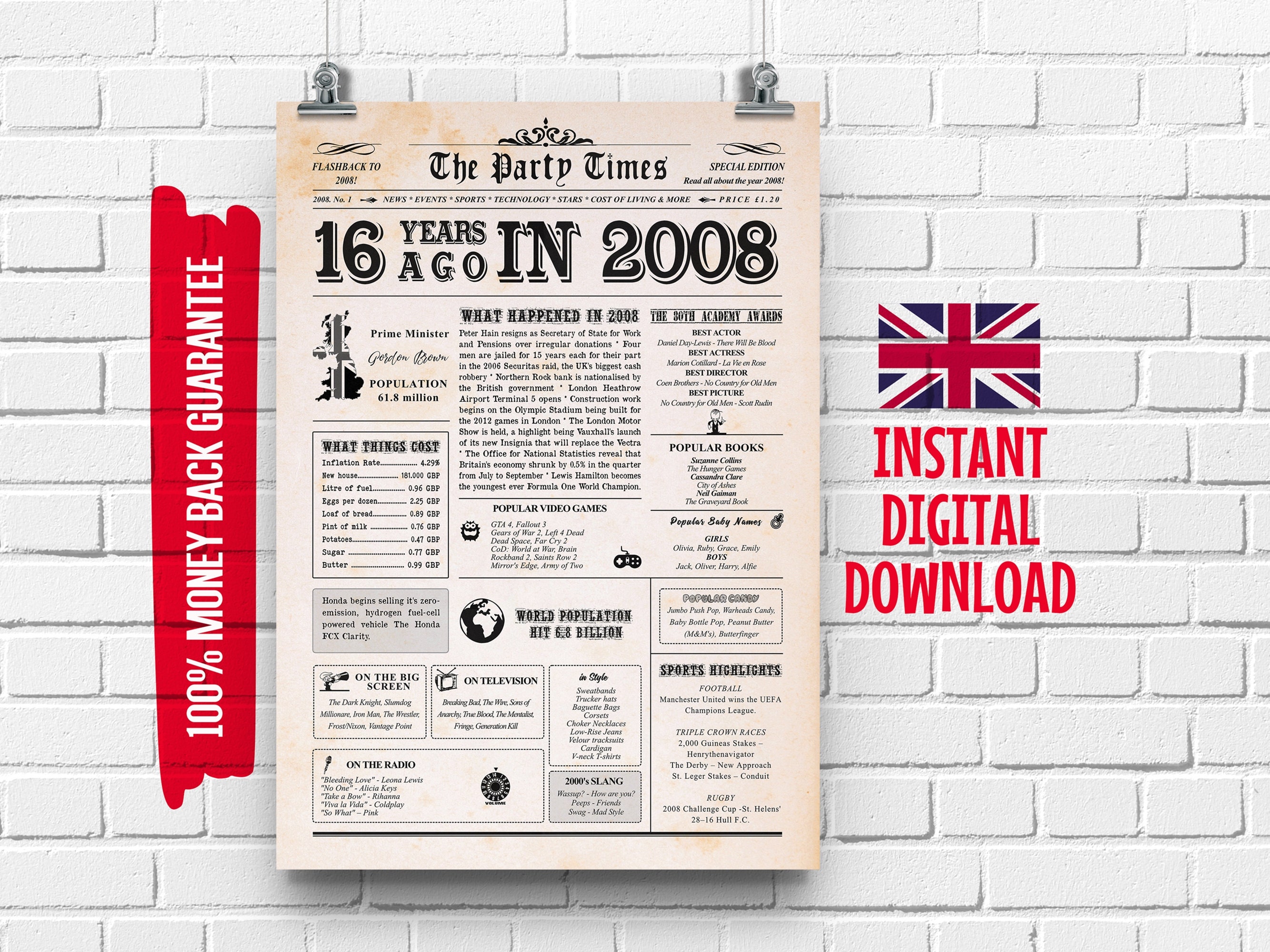 UK 16th Birthday Newspaper Poster Back in 2008 United Kingdom 16 Years ...