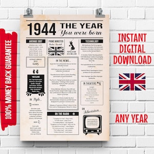 UK 80th Birthday Newspaper Poster Back in 1944 United Kingdom 80 Years ...