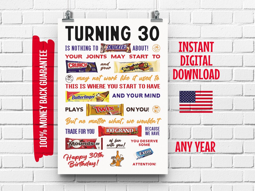 30th Birthday Printable Candy Poster Birthday Candy Sign 30th Birthday ...