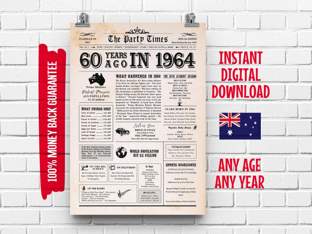 1964 60th Australian Birthday Newspaper Sign 60th Birthday Gift for Men ...