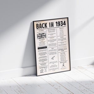 UK 90th Birthday Newspaper Poster Back in 1934 United Kingdom 90 Years ...