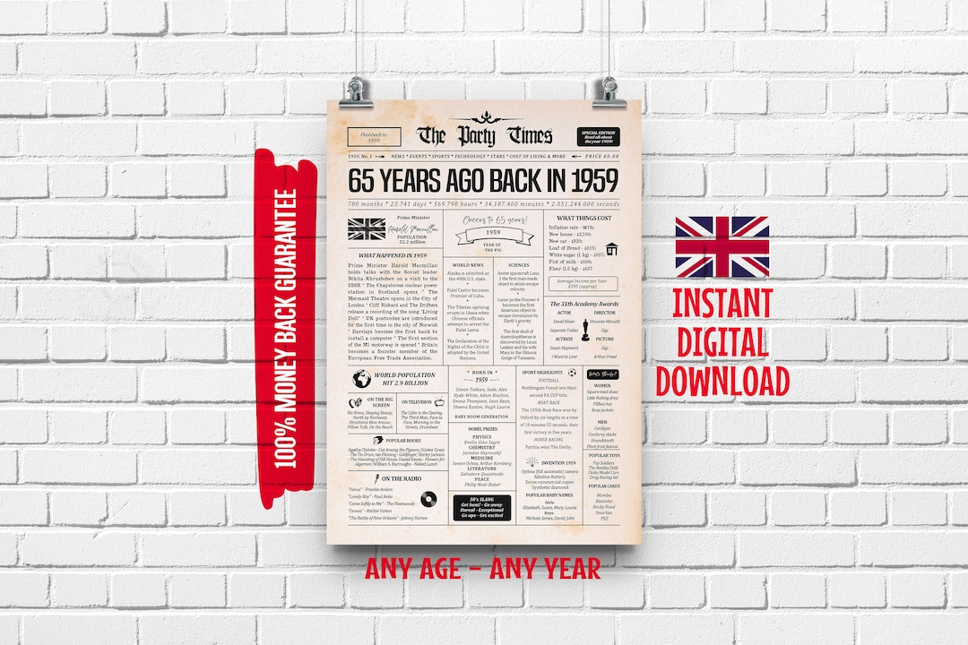 UK 65th Birthday Newspaper Poster Back in 1959 United Kingdom 65 Years ...