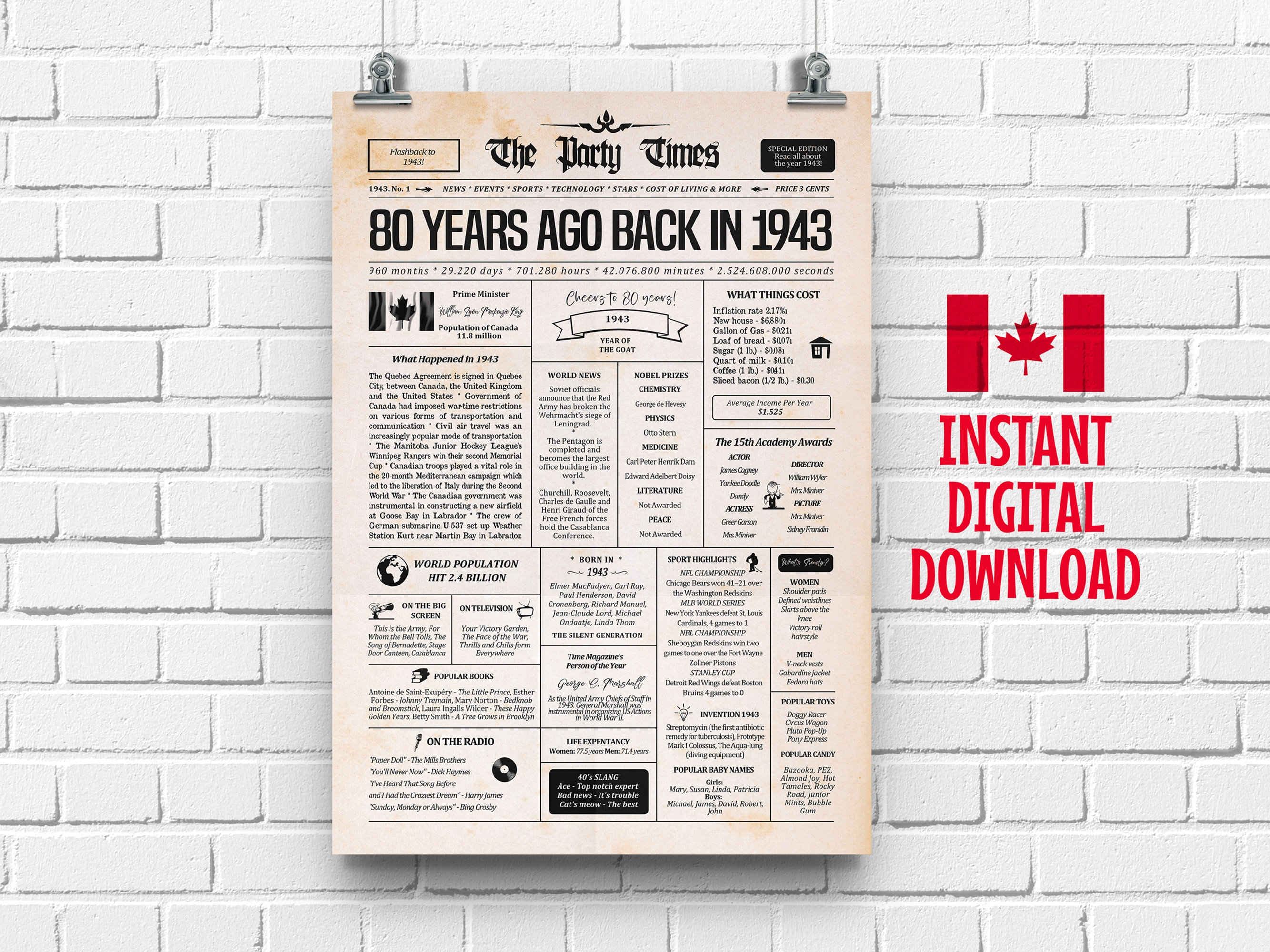 80th Birthday Canadian Newspaper Sign 1943 80th Birthday Gift for Men ...
