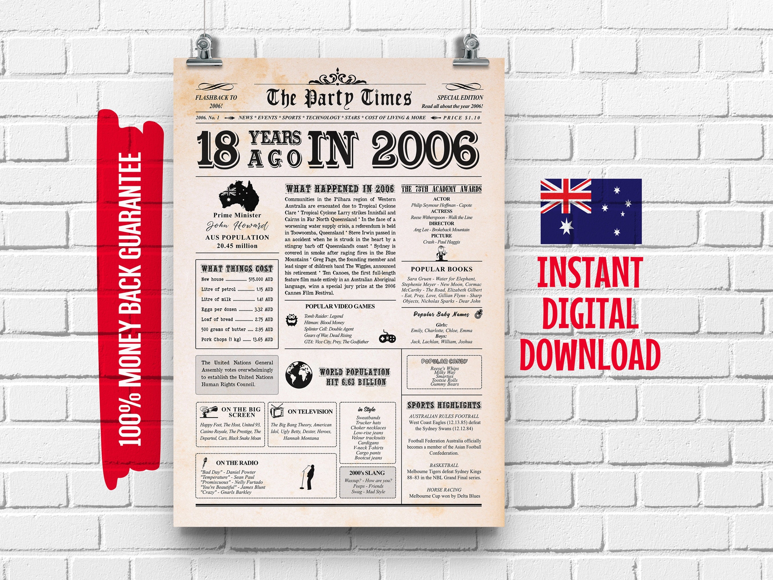 18th Birthday Australian Newspaper Sign 2006 18th Birthday Gift for Boy ...
