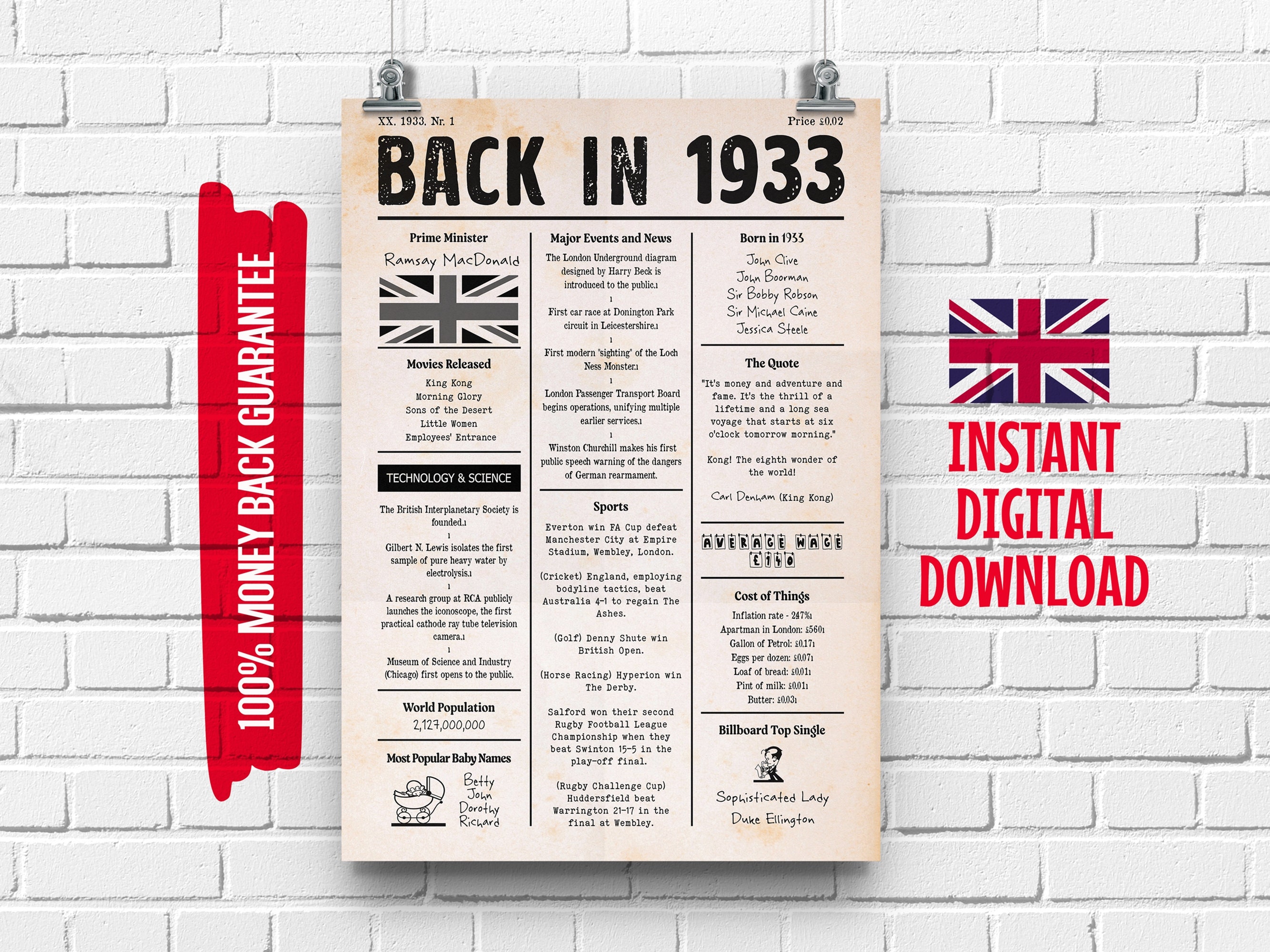 UK 90th Birthday Newspaper Poster Back in 1933 United Kingdom 90 Years ...