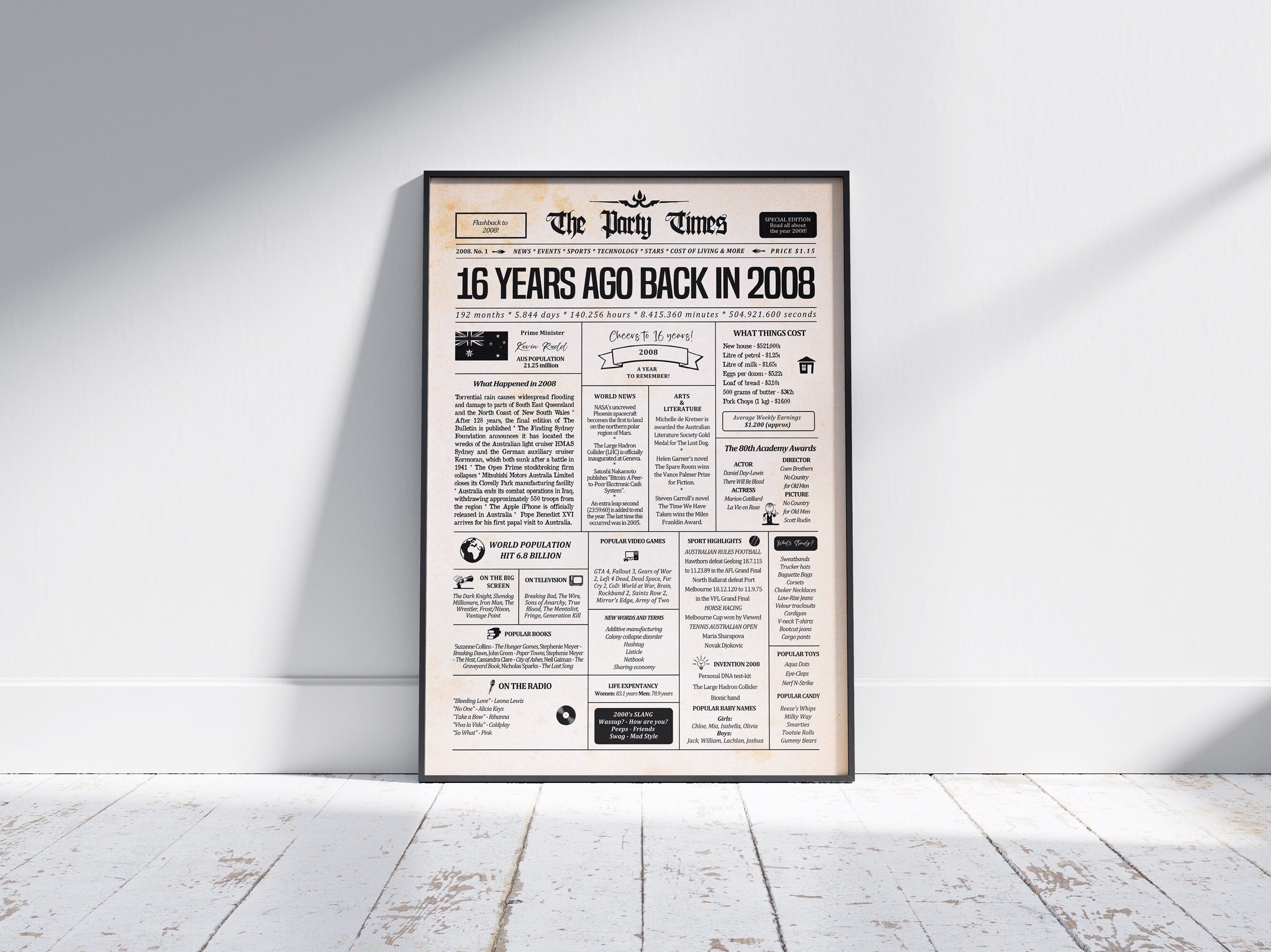 16th Birthday Australian Newspaper Sign 2008 16th Birthday Gift for Boy ...