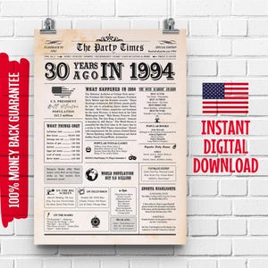 1994 30th Birthday Newspaper Sign 30th Birthday Gift for Men or Women ...