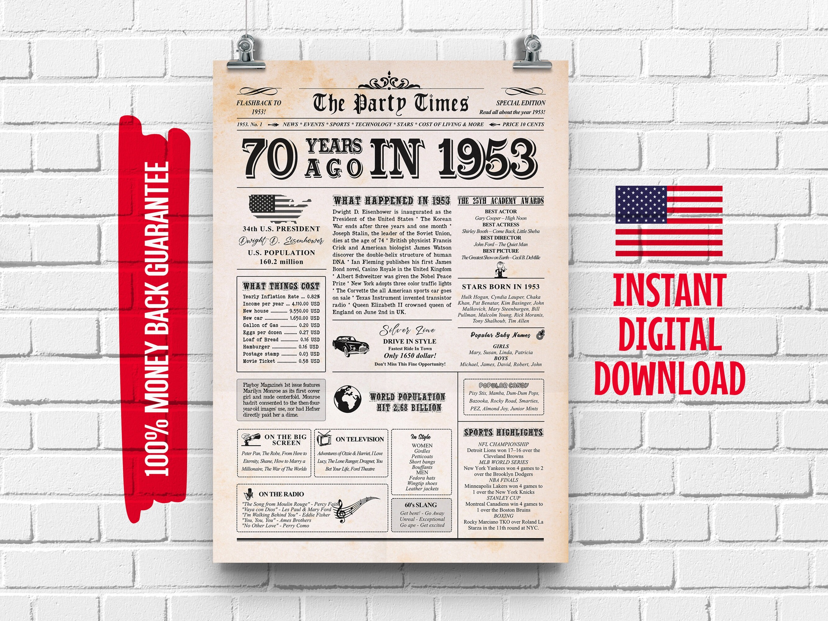 1953 70th Birthday Newspaper Sign 70th Birthday Gift for Men or Women ...