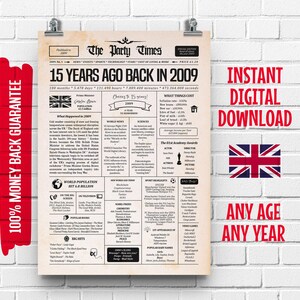 UK 15th Birthday Newspaper Poster Back in 2009 United Kingdom 15 Years ...
