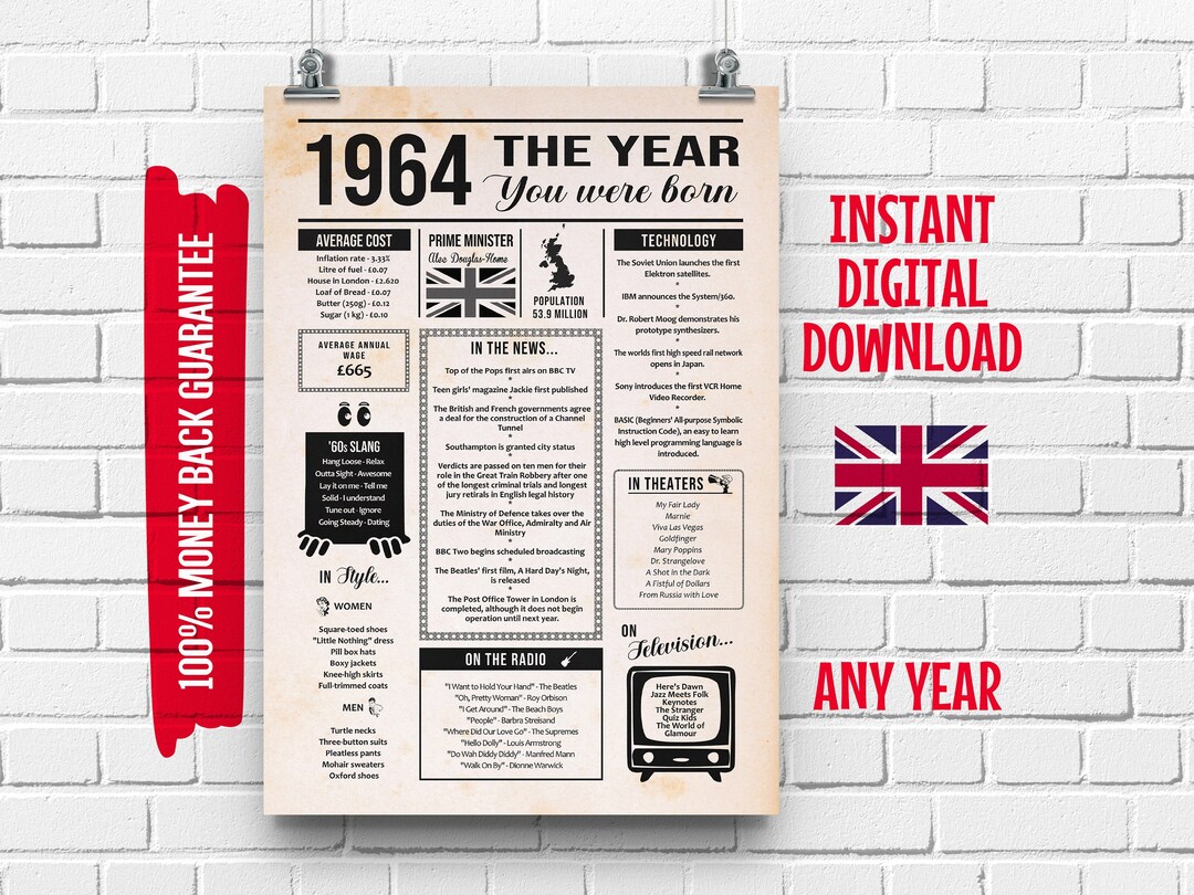 UK 60th Birthday Newspaper Poster Back in 1964 United Kingdom 60 Years ...