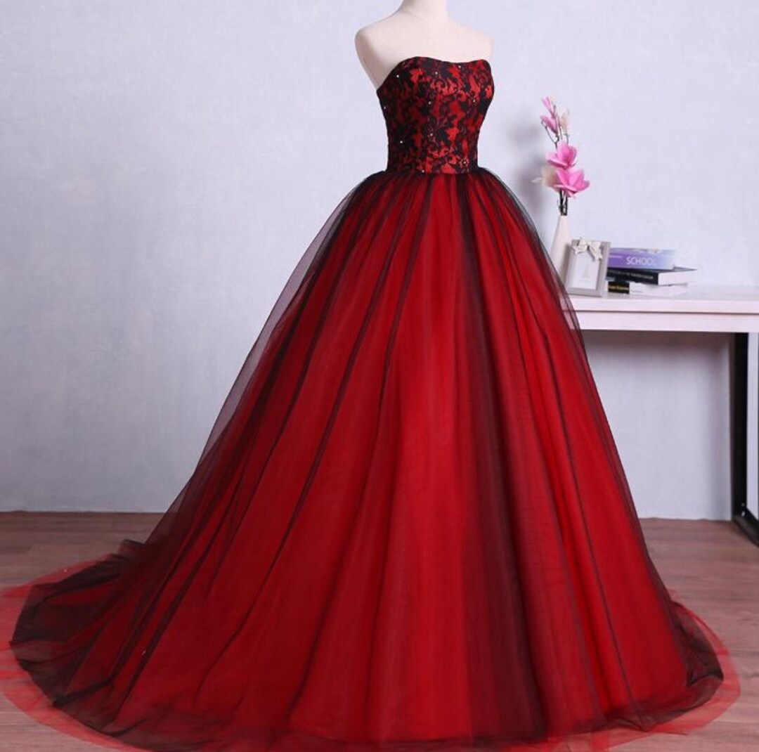 Gorgeous Deep Red & Black A Line Corset Dress Ball Gown With Sweetheart ...