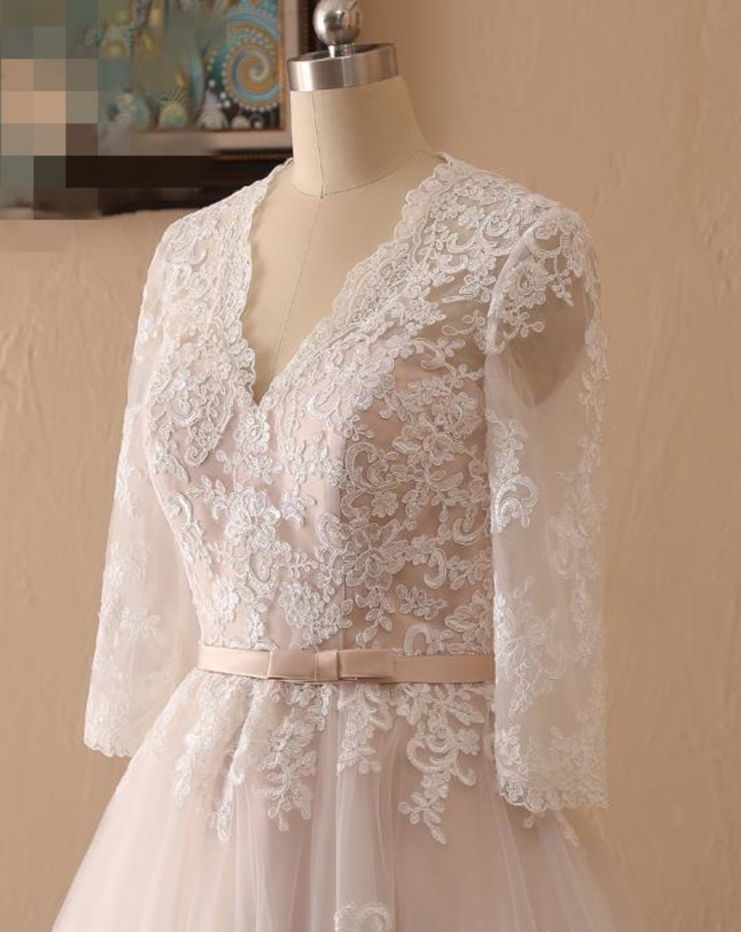 Lovely Knee Length Light Peach & White Modest Wedding Dress With High ...