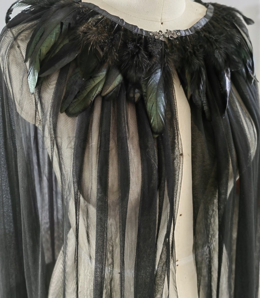 Rare Black Gothic Cape Full Length Sheer With Iridescent Feathers ...