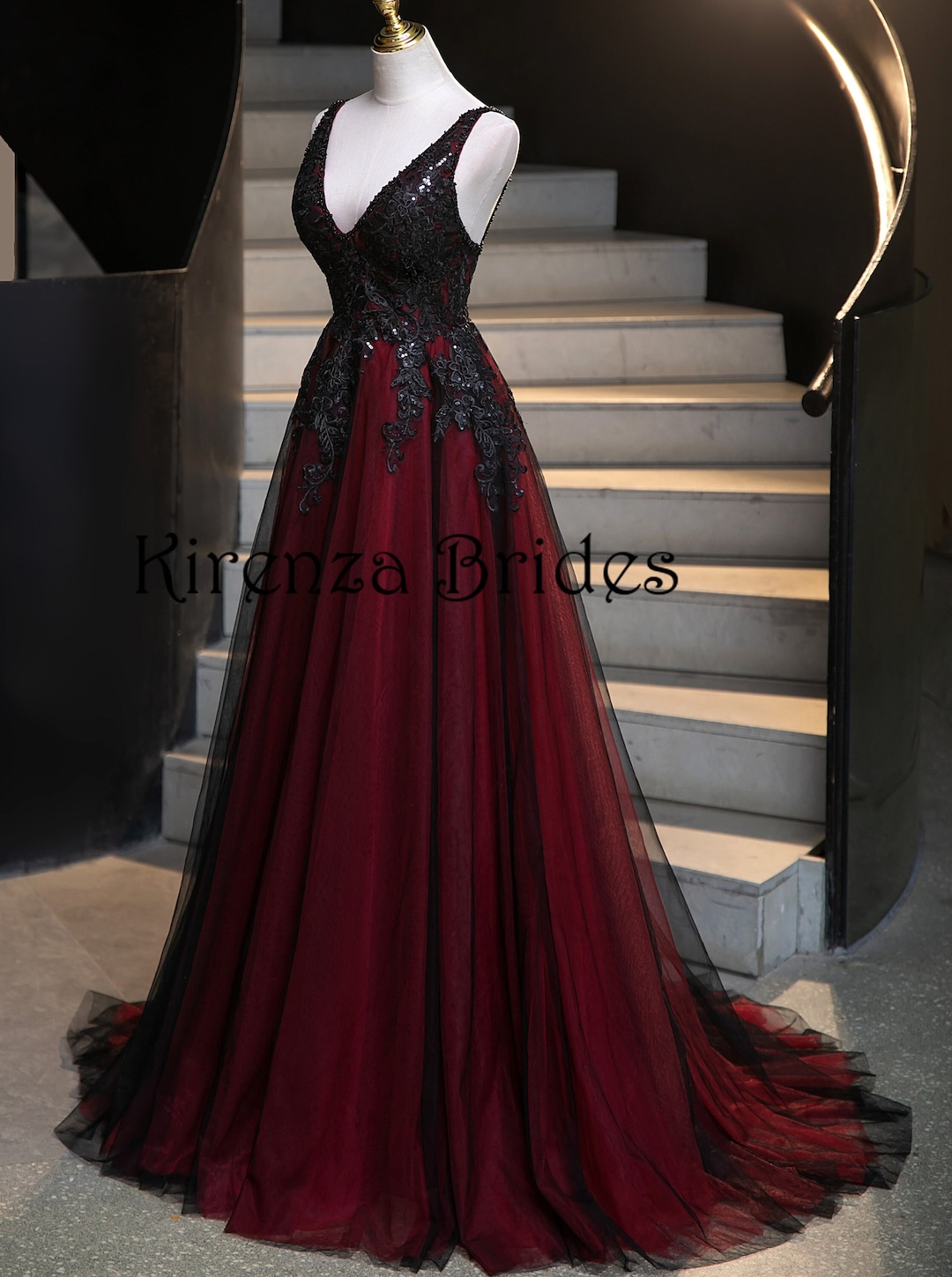 Deluxe Dark Red & Black Alternative Gothic Wedding Dress With Plunge ...