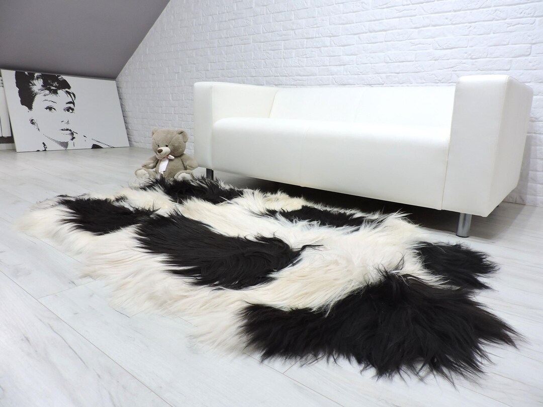 Real Quad Sheepskin Rug, Rare, Unique Pattern, White Black Area Rug ...