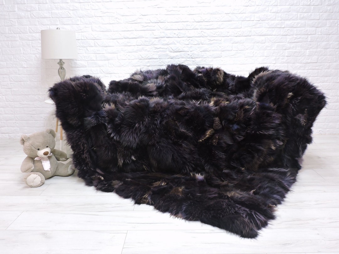 Luxury Real Fox Fur Throw, King Fox Fur Blanket, Purple Brown Dyed Fox ...
