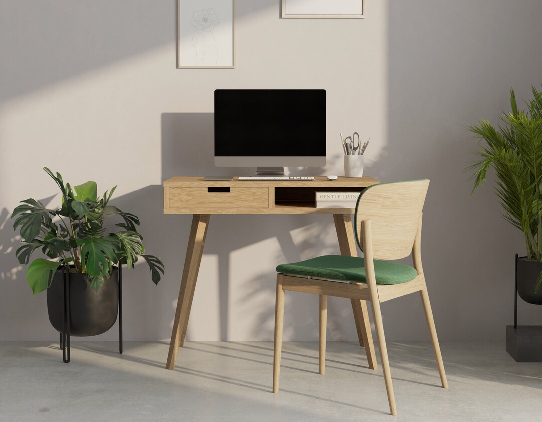 Stylish Small Oak Wood Desk, Compact Writing Table for Home Office ...