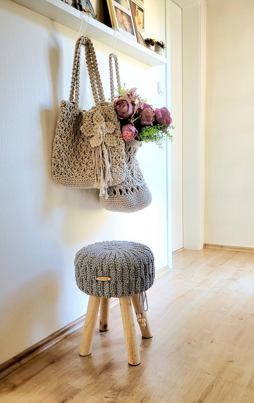 Footstool With Crocheted Cover Made of Cotton, Natural Seating Comfort for Your Home in the ...