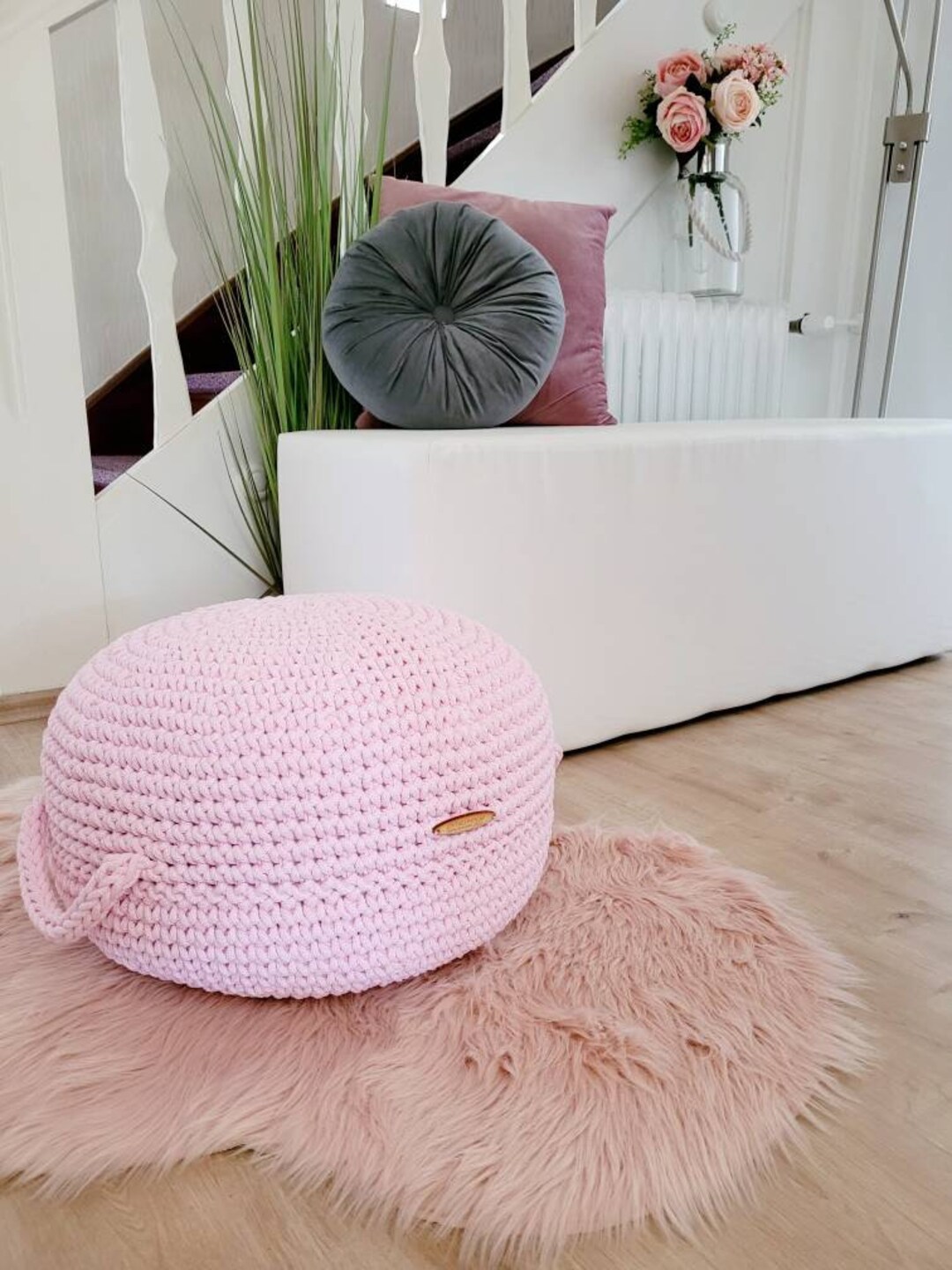 Pouf Ottoman Crochet, Baby Room Decor, Pink Floor Cushions, Pouf, Pink ...