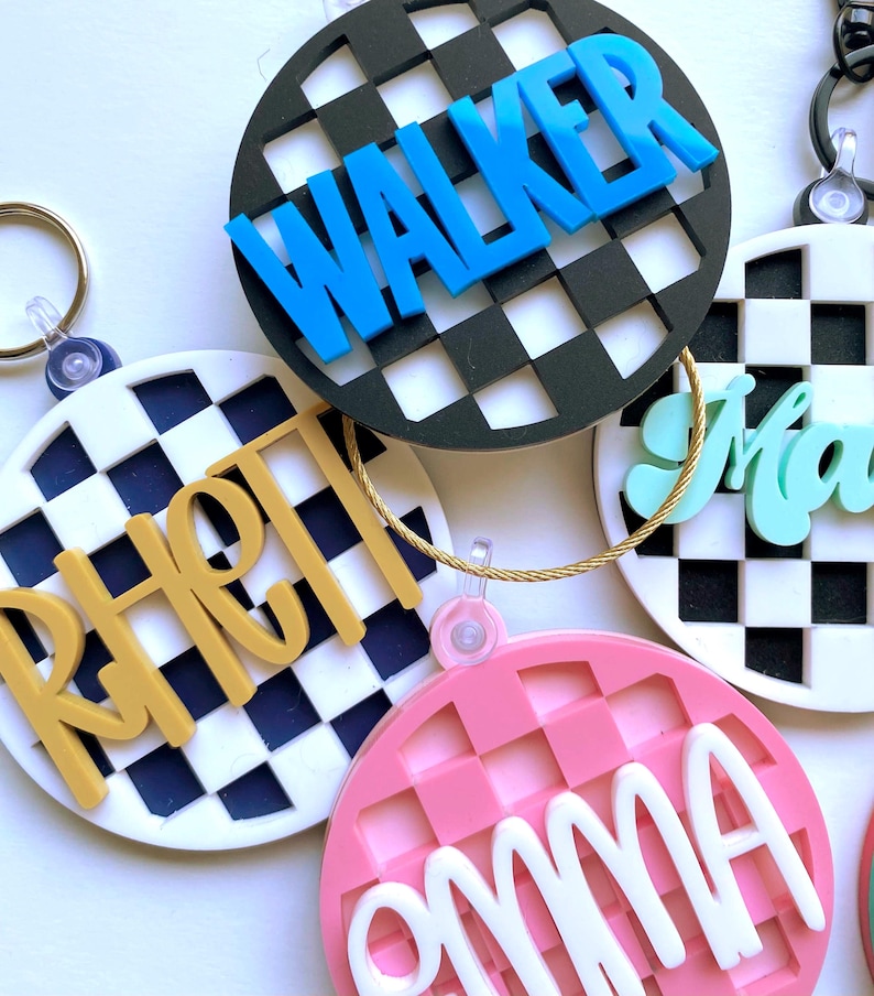 Checkered Name Tag: Custom Acrylic Backpack Keychain - Etsy