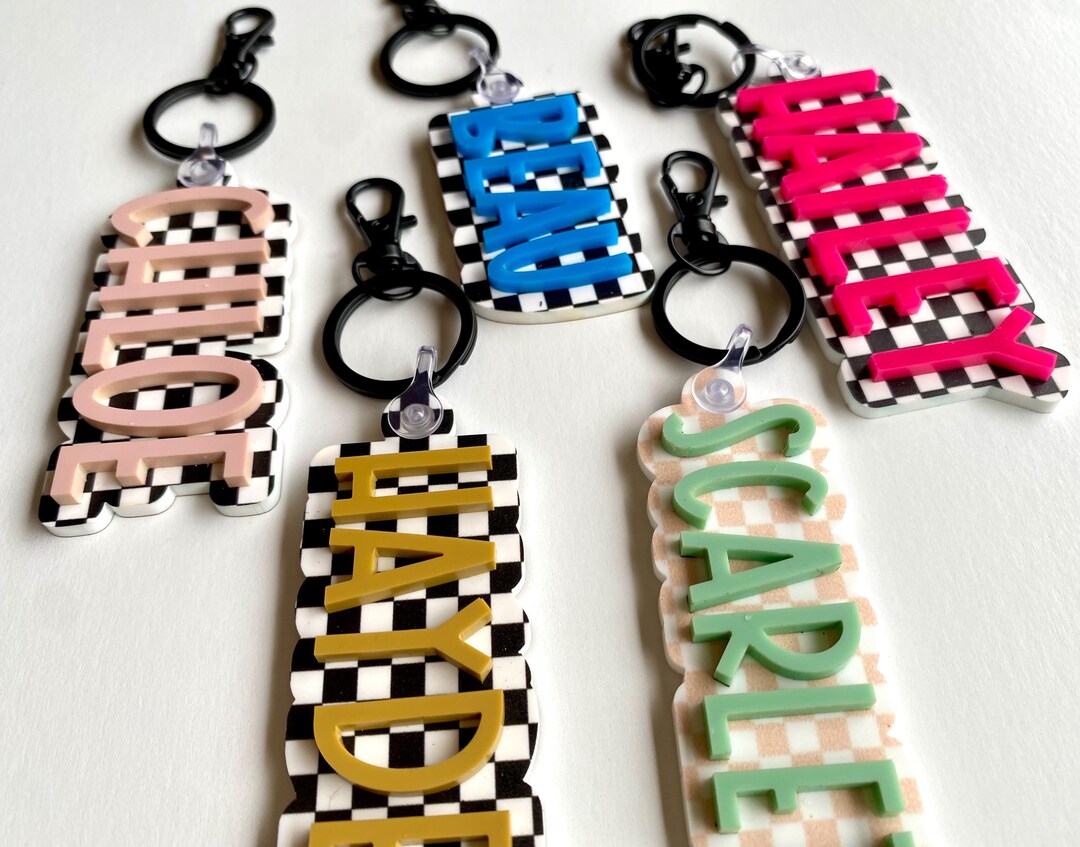 Checkered Back Pack Name Tag Keychain: Custom Acrylic Bag Tag Stocking ...