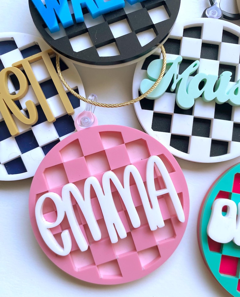 Checkered Back Pack Name Tag Keychain: Custom Acrylic Bag Tag Stocking ...