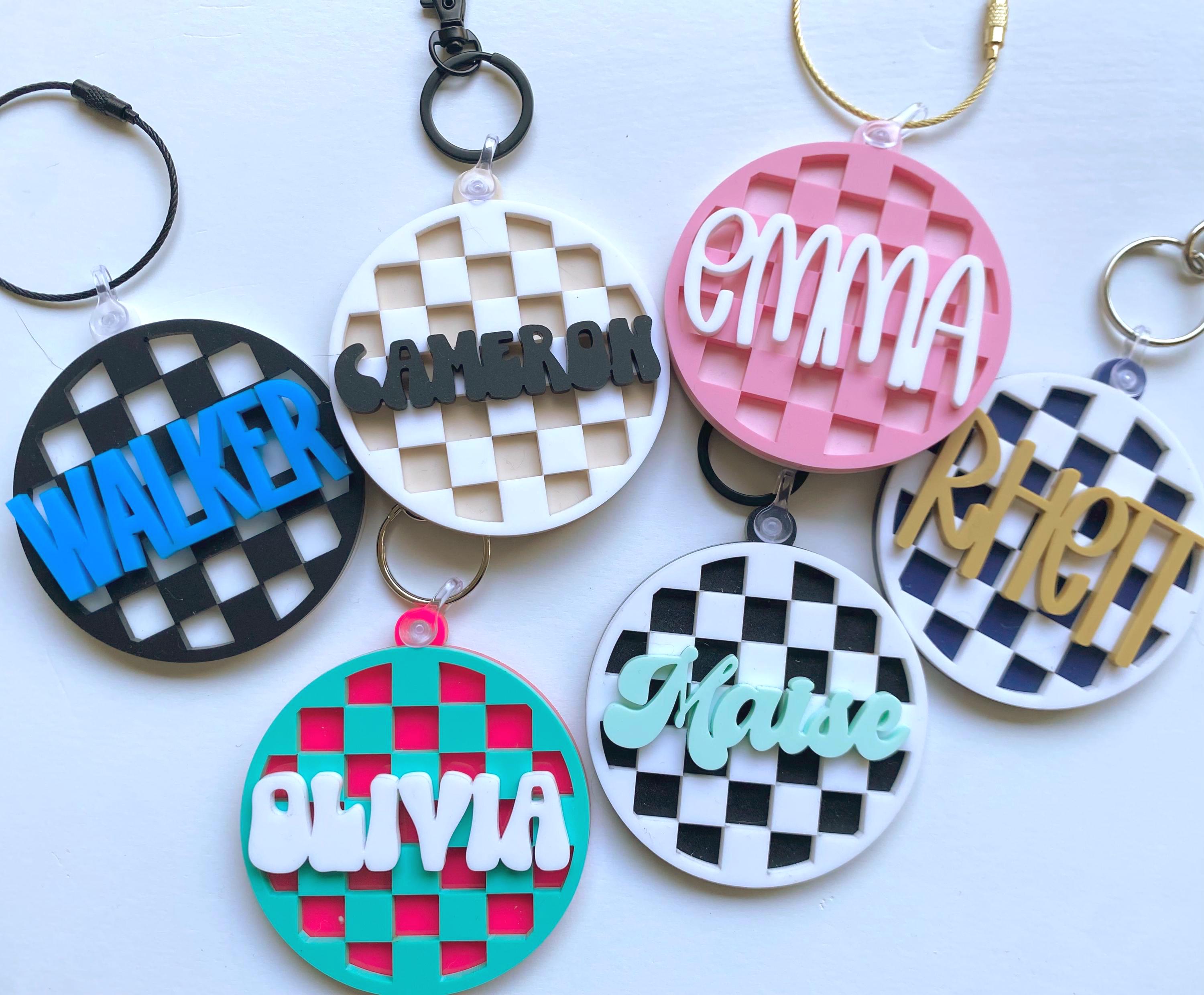 Checkered Back Pack Name Tag Keychain: Custom Acrylic Bag Tag Stocking ...