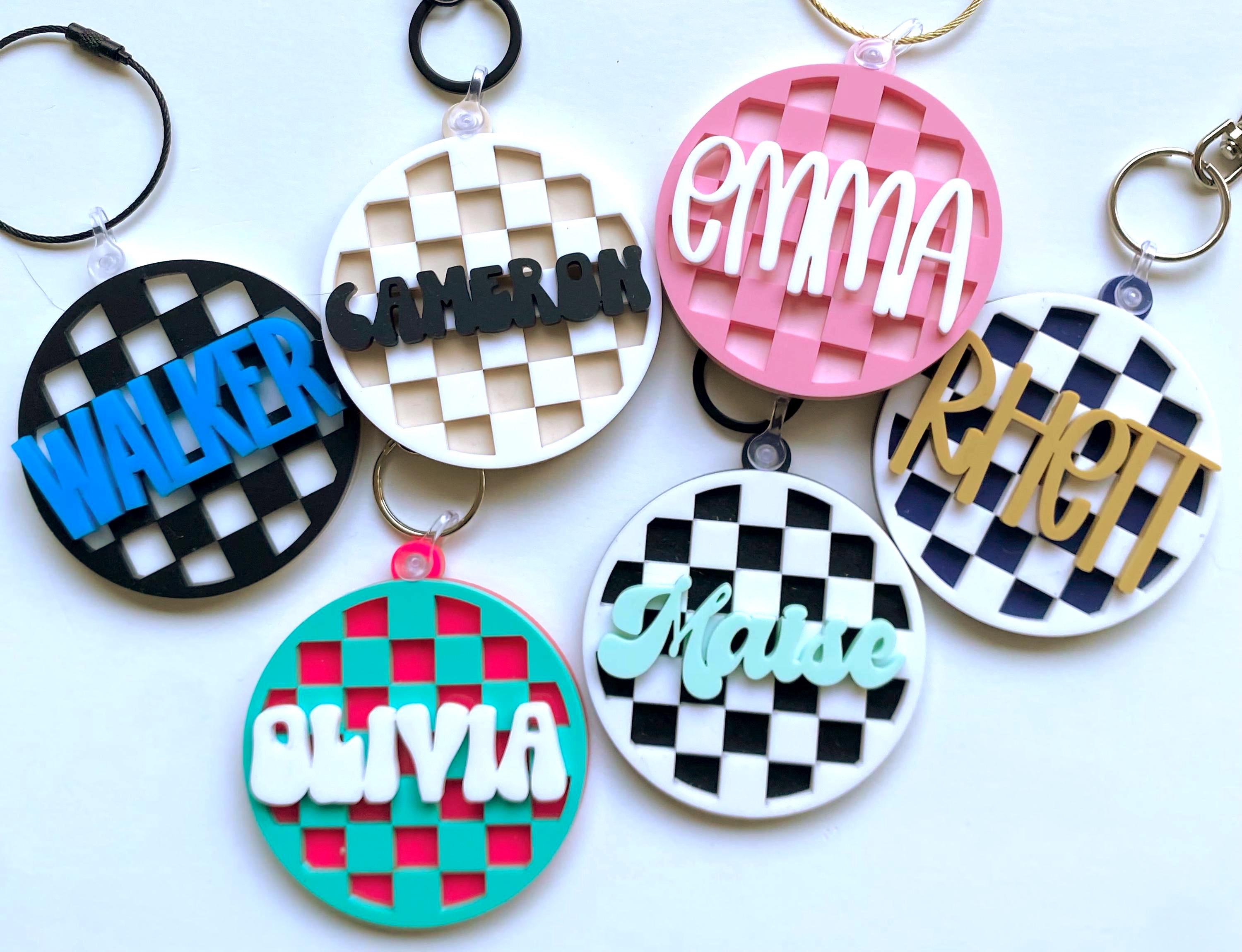 Checkered Back Pack Name Tag Keychain: Custom Acrylic Bag Tag Stocking ...