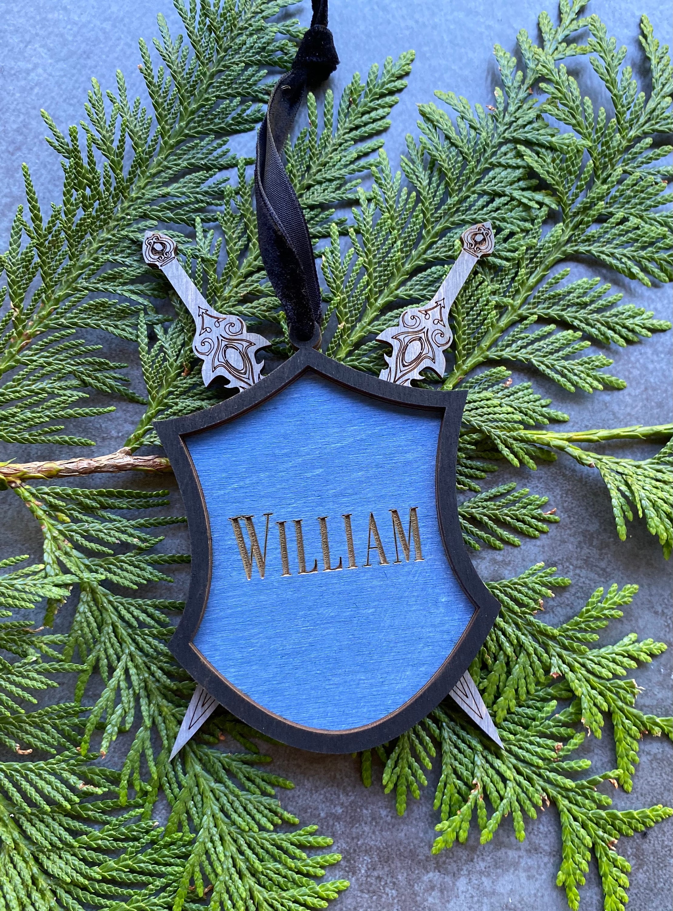 Personalized Knight Shield Ornament: Engraved Sword, Medieval Theme ...