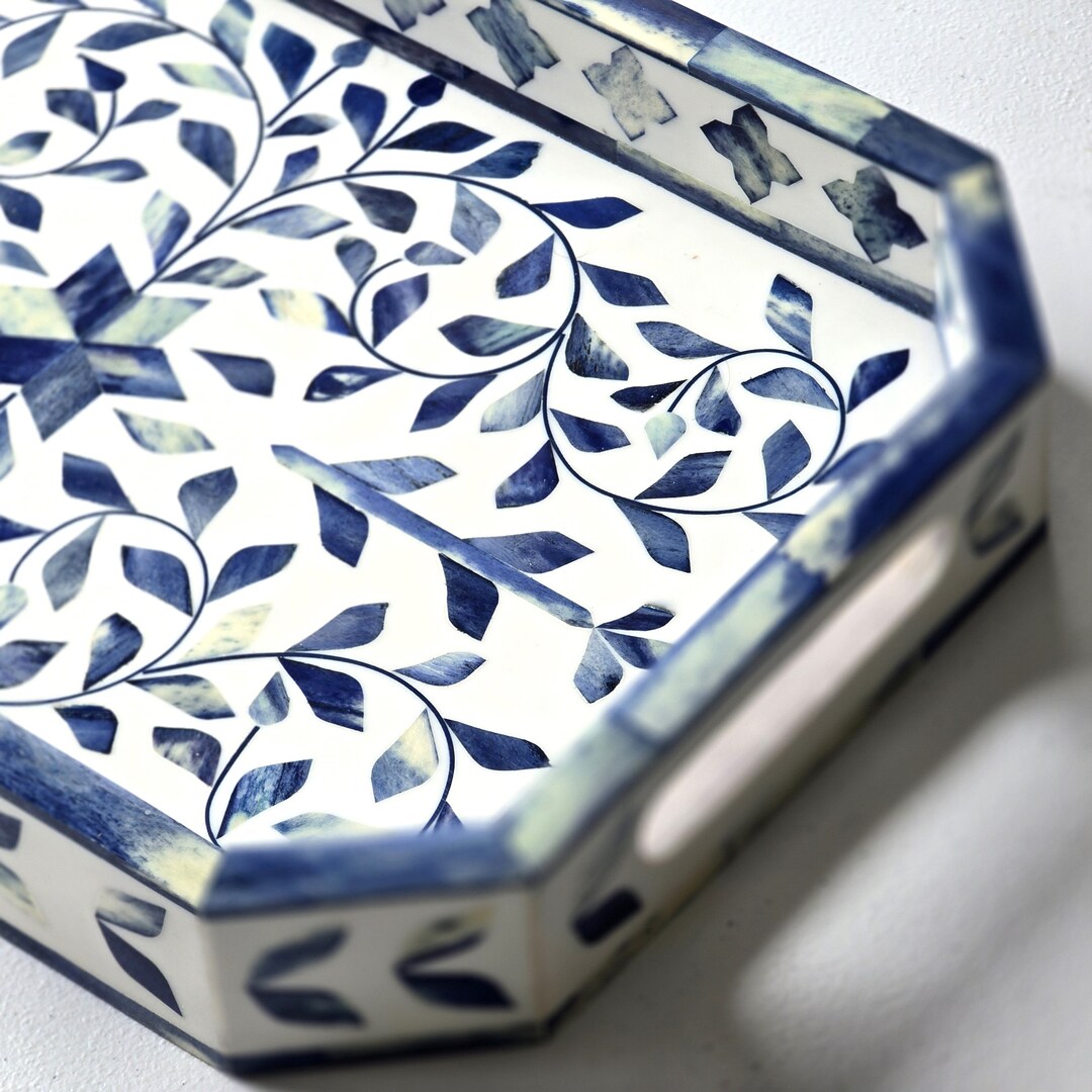Bone Inlay Blue Tray - Farmhouse Coffee Table Tray - Vintage Perfume ...