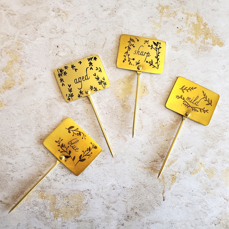 Gold Cheese Markers - Set of 4 Cheese Signs - Metal Cheese Picks ...