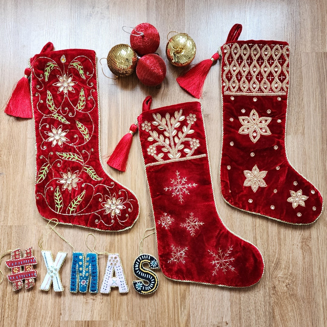 Red Christmas Stocking With Initial Handmade Velvet Stockings Snowflake ...