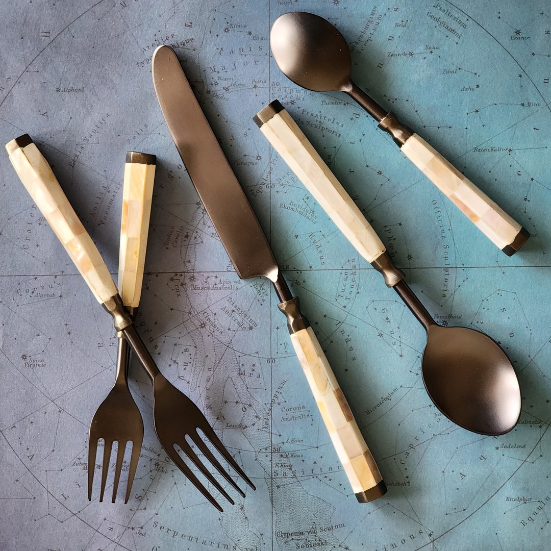 Mother of Pearl Inlay Flatware Set - Black Flatware - 5 Piece Hostess ...