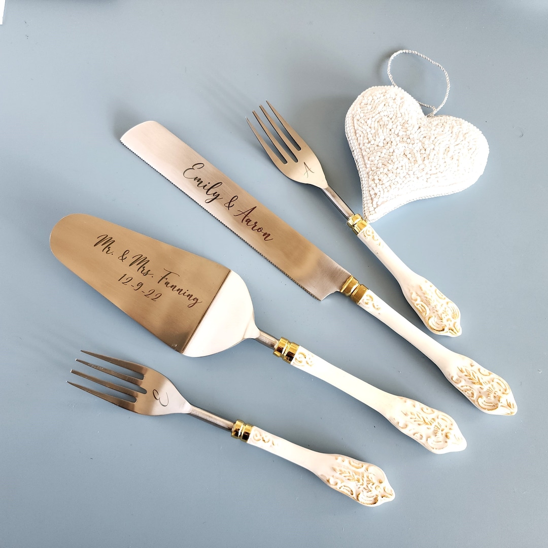 Personalized Wedding Cake Knife, Server and Fork Set - White Wedding ...