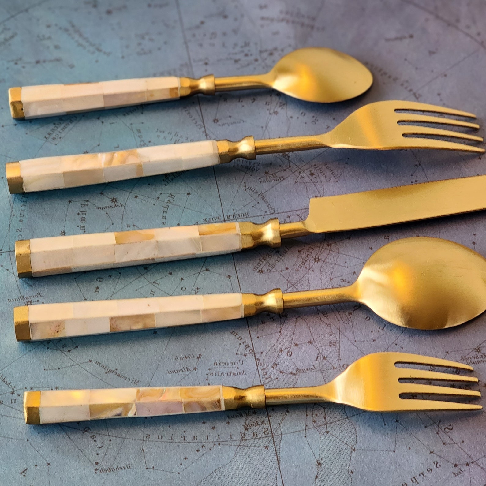 Mother of Pearl Inlay Flatware Set - Gold Wedding Flatware - 5 Piece ...