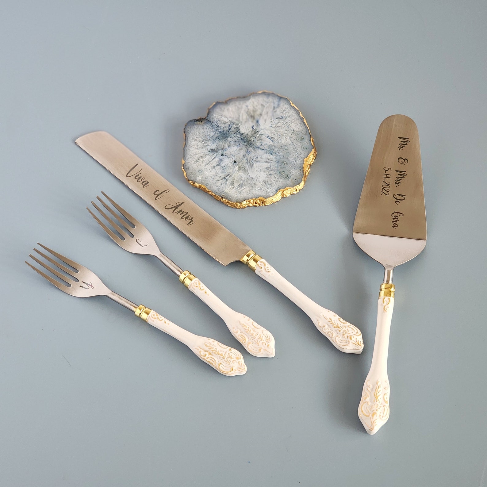 Personalized Wedding Cake Knife, Server and Fork Set - White Wedding ...