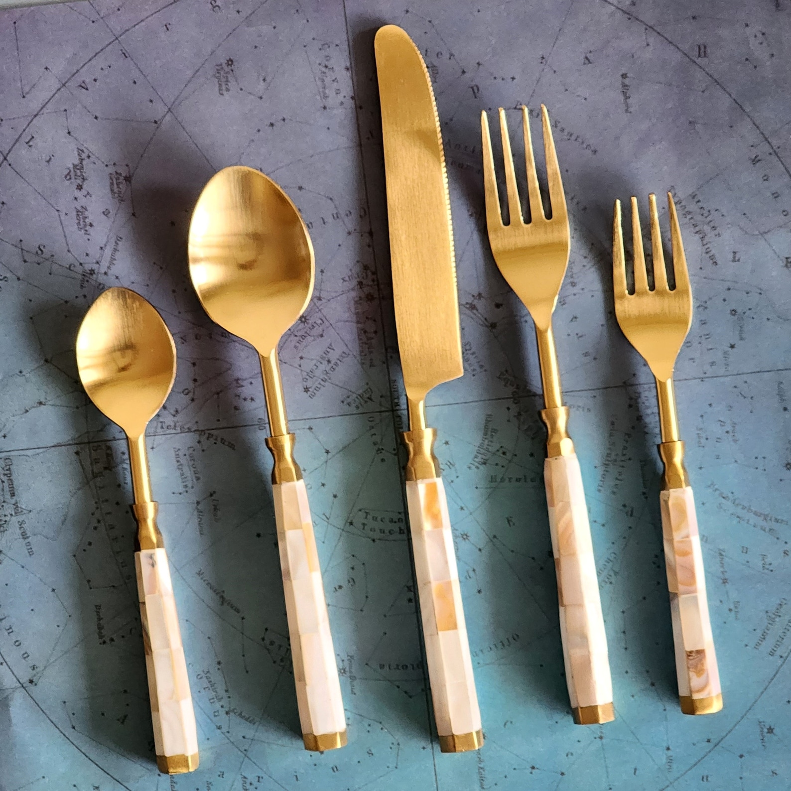 Mother of Pearl Inlay Flatware Set - Gold Wedding Flatware - 5 Piece ...