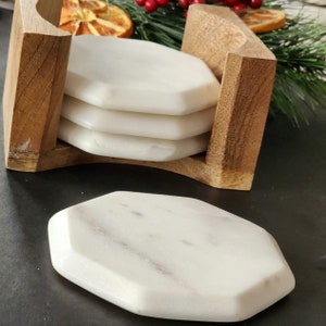 4 Marble Coaster Set With Wooden Stand - Apple Coasters - Square ...
