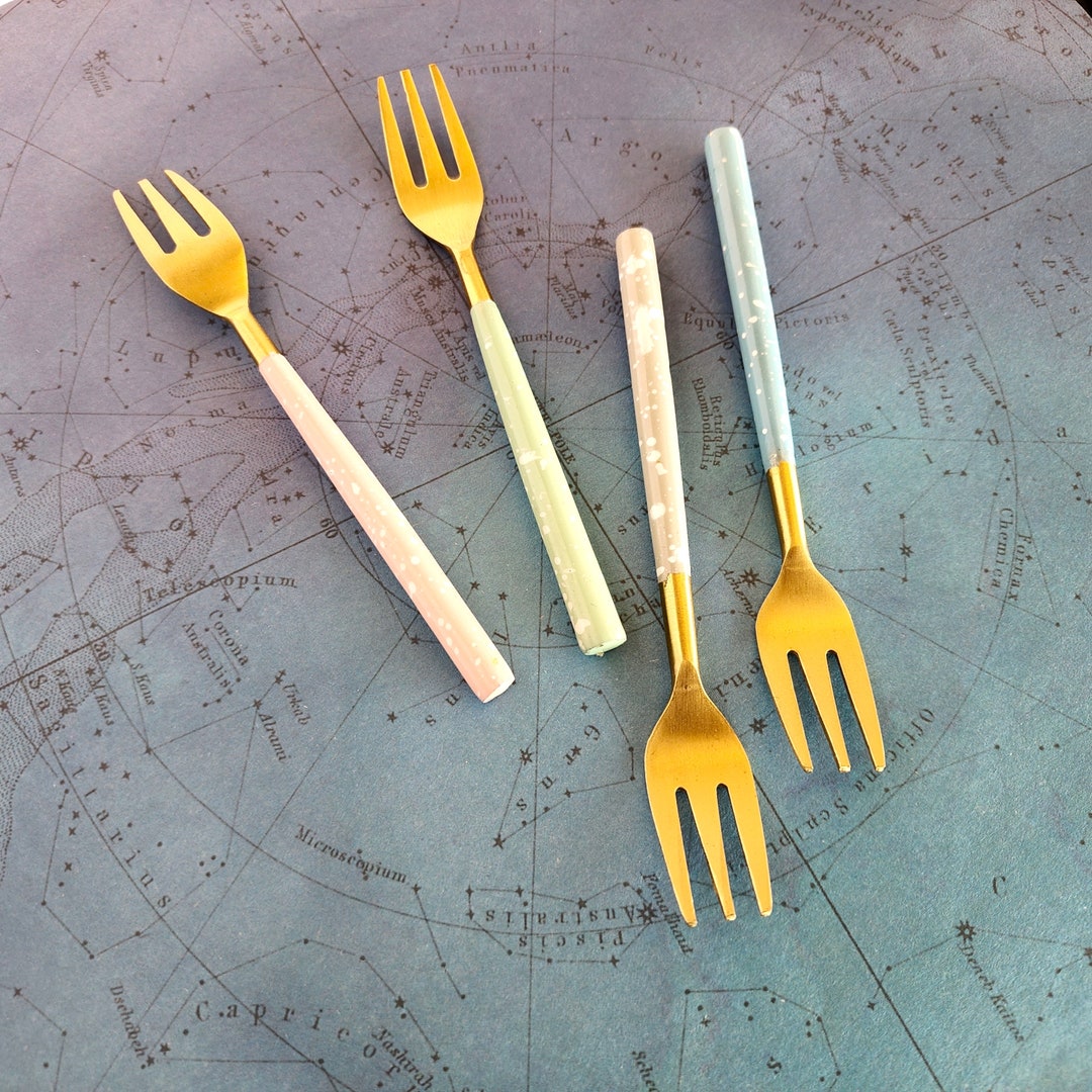 4 Piece Gold Cake Fork Set Pastel Colors Enameled Hand Painted Handles ...