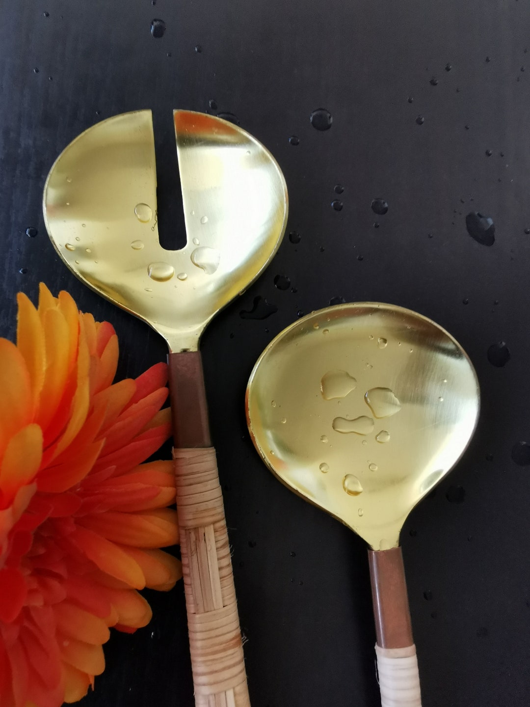 Unique Gold Serving Spoon Set Rattan-wrapped Handles Spoon and Fork ...