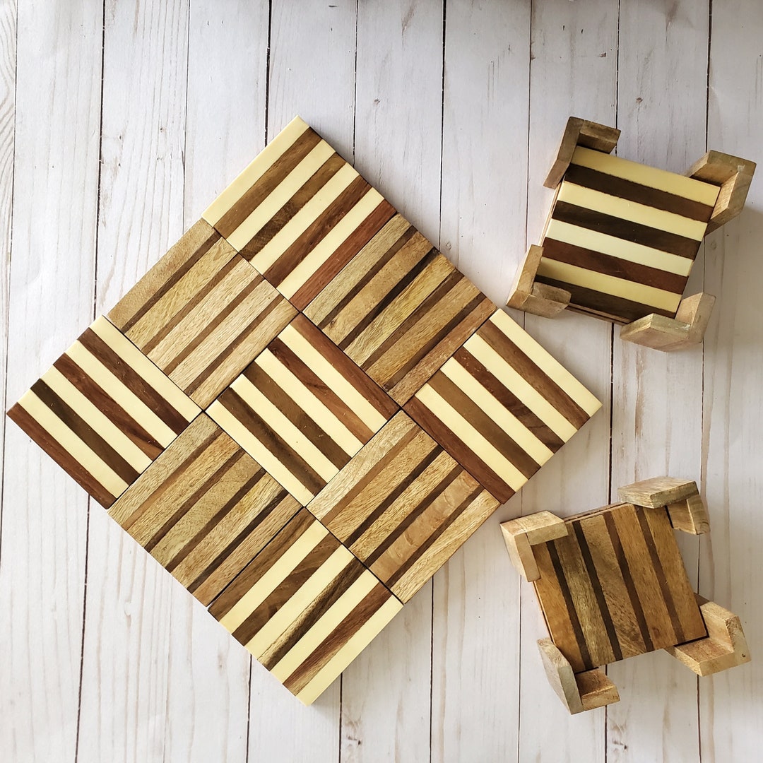 6 Wooden Coaster Set With Stand - Dual Tone Design - Housewarming Gift ...