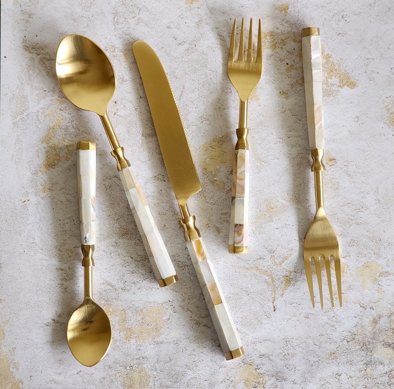 Mother of Pearl Inlay Flatware Set Gold Wedding Flatware 5 - Etsy