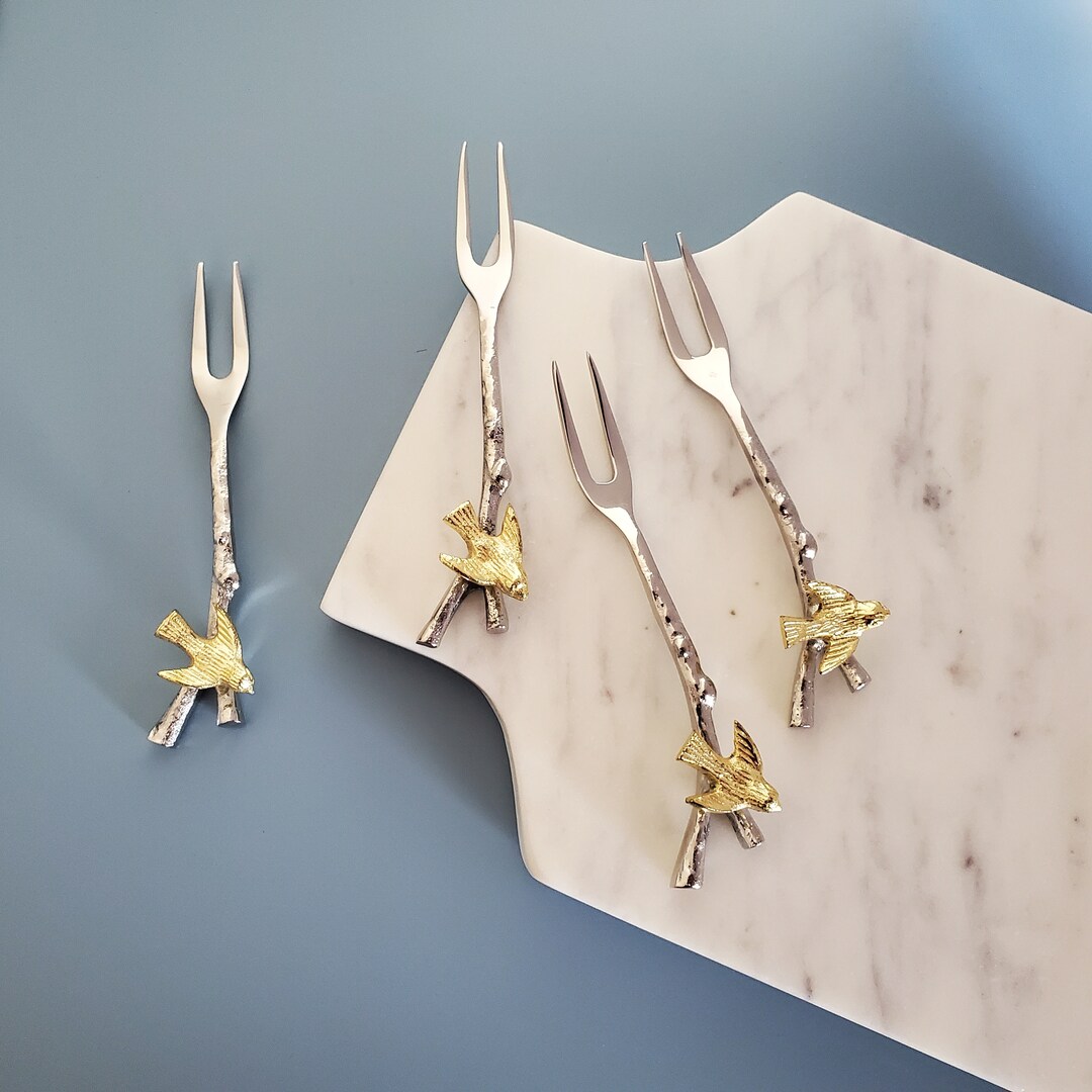 Dove Handles Cake Fork Set - Twig Handles With Gold Dove - Artisan ...