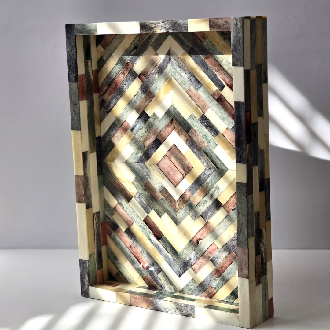 Multi-color Bone Inlay Tray - Farmhouse Coffee Table Tray - Vintage ...