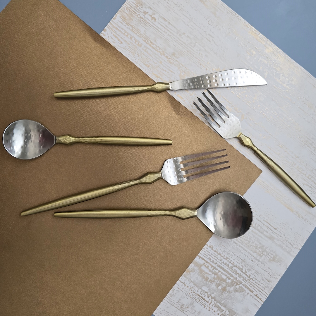 Hand Hammered Flatware Set - Gold & Silver Wedding Flatware - 5 Piece ...