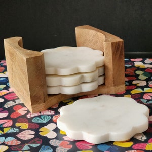 4 Marble Coaster Set With Wooden Stand - Apple Coasters - Square ...